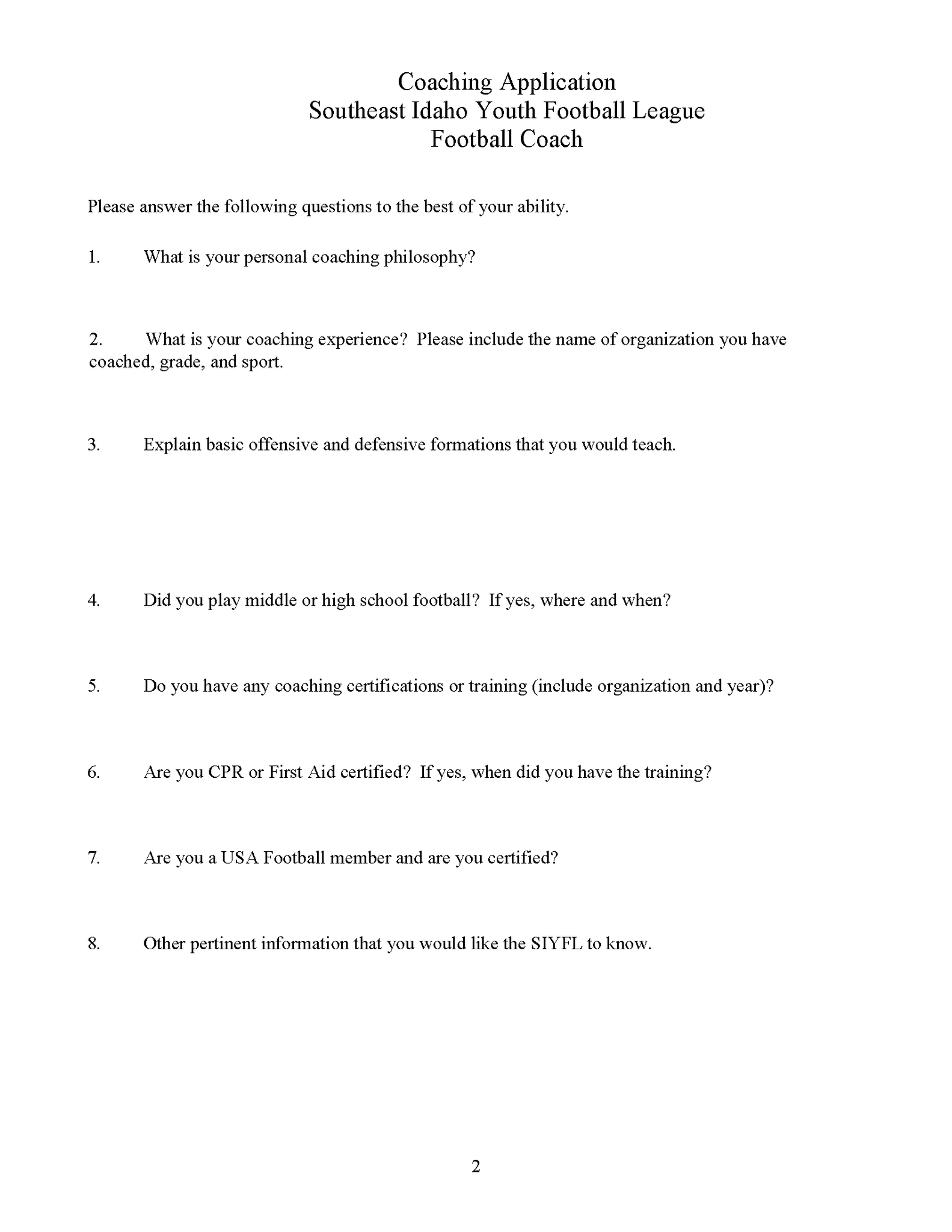 COACHING APPLICATION - southeastidahoyouthfootball.com