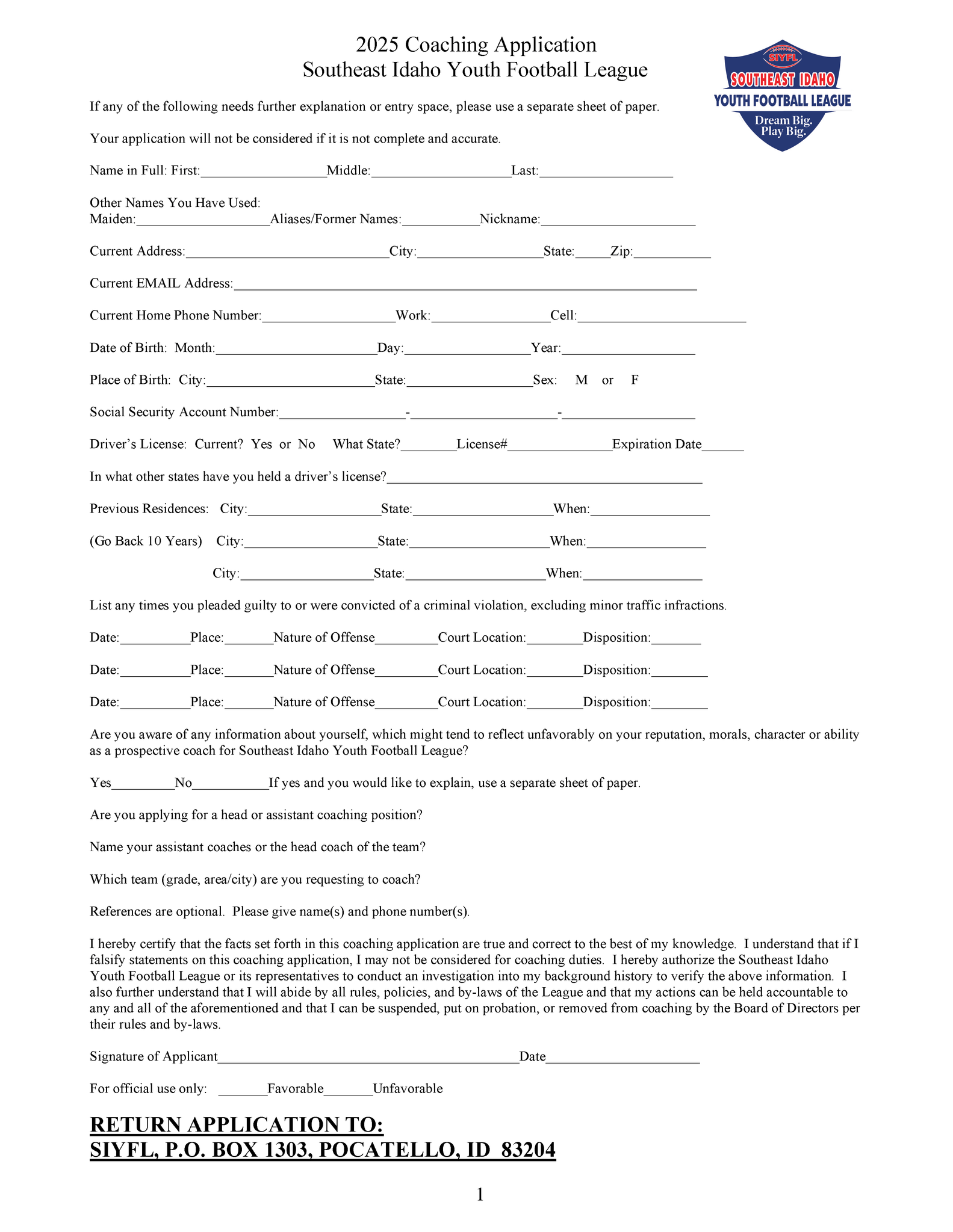 COACHING APPLICATION - southeastidahoyouthfootball.com